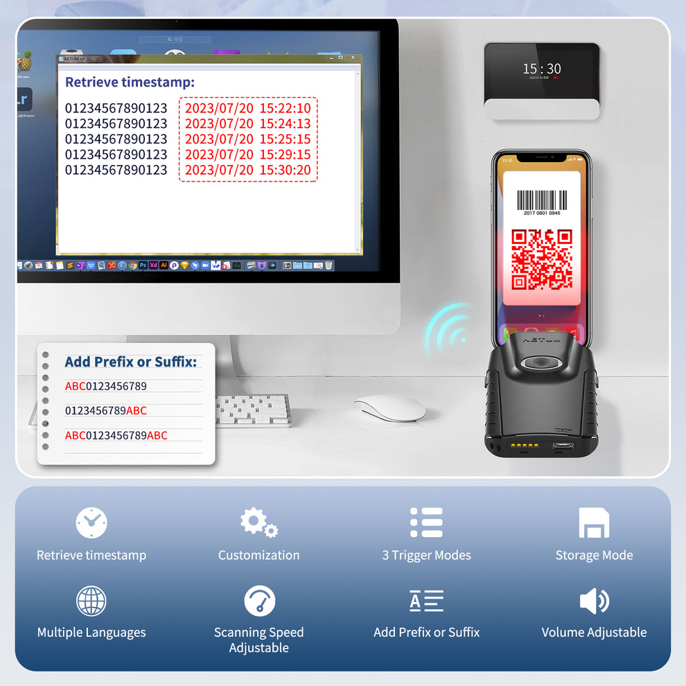 NETUM E800 Bluetooth 2D Barcode Scanner Back Clip QR Bar code Reader P