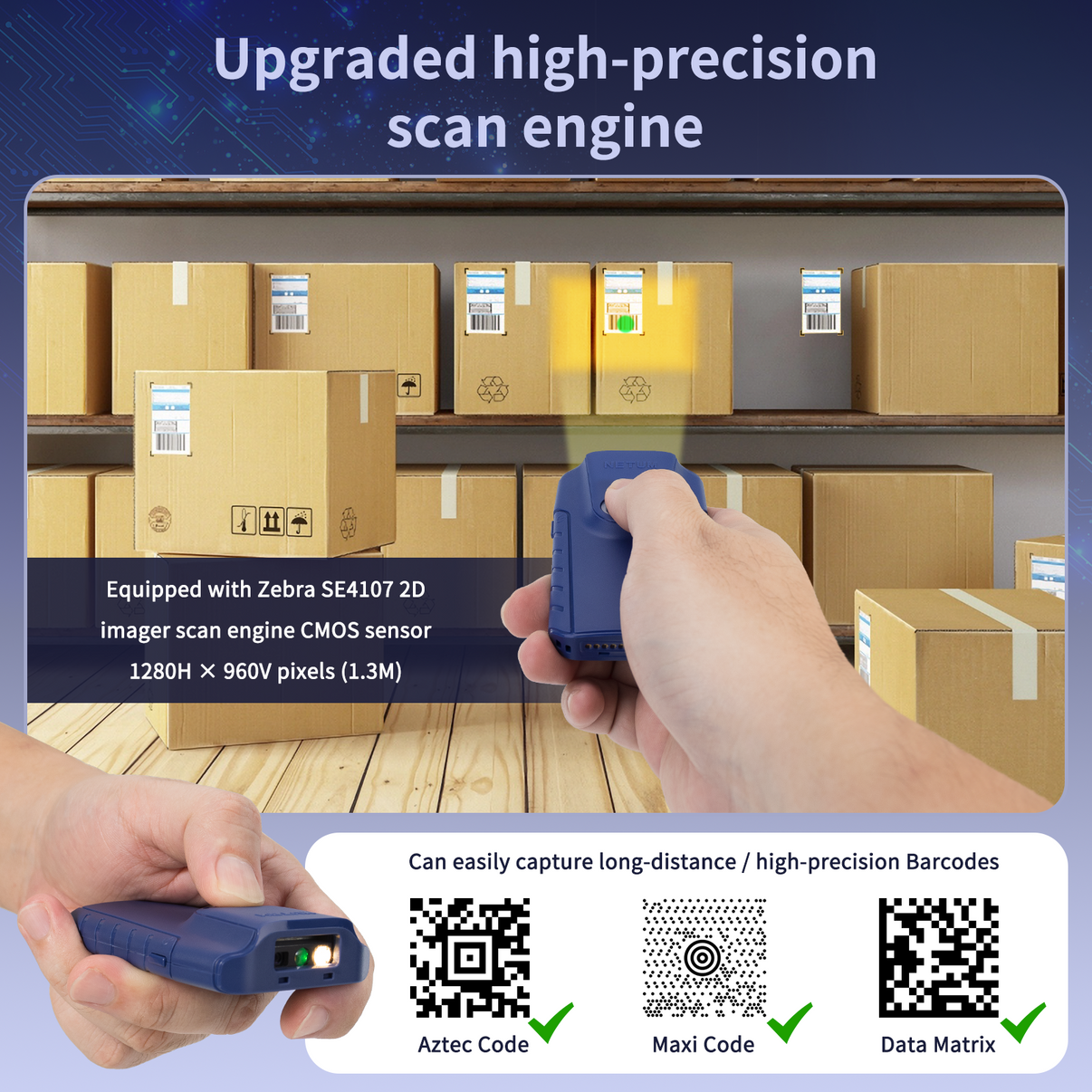 NETUM E950 Bluetooth 2D Barcode Scanner, Equipped with Zebra SE4107 2D