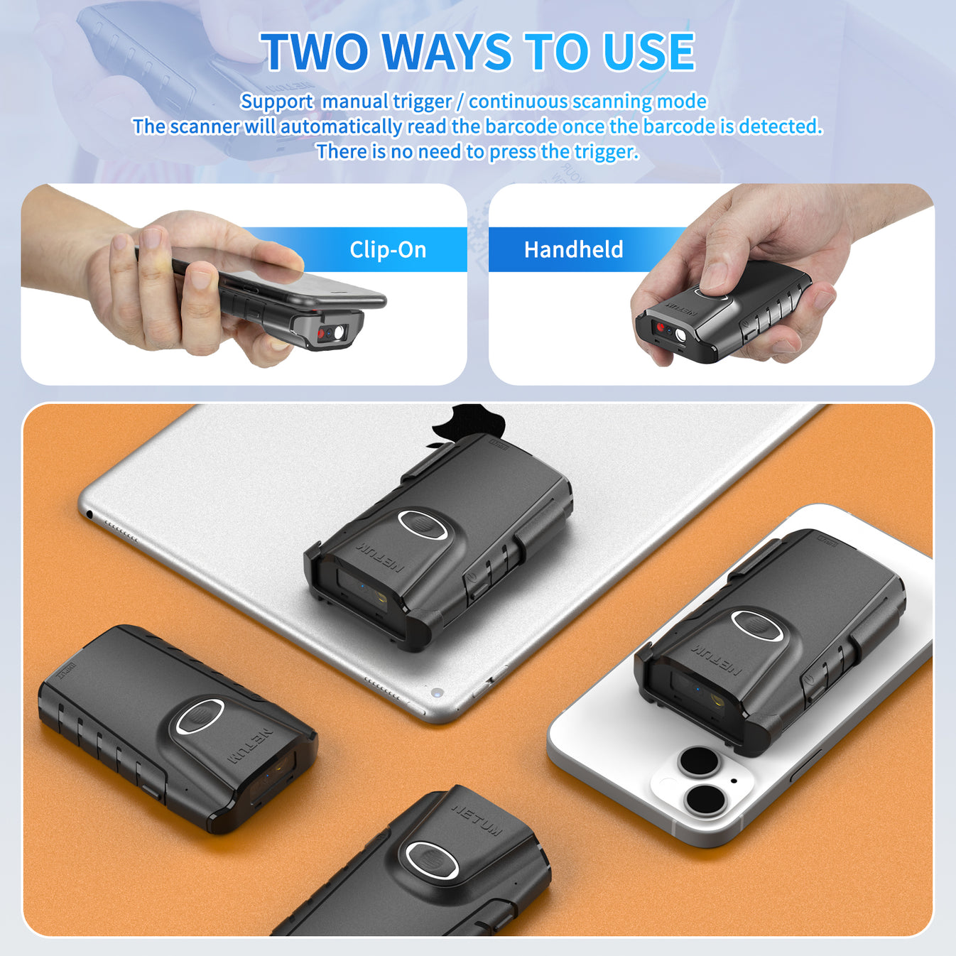 NETUM E800 Bluetooth 2D Barcode Scanner Back Clip QR Bar code Reader P