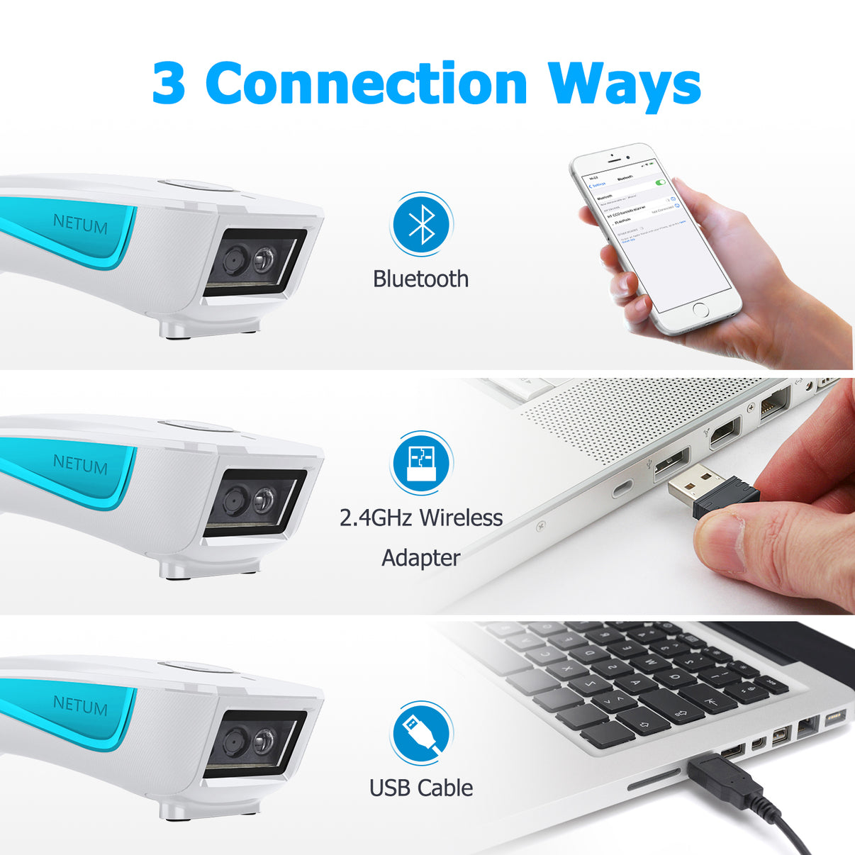 NETUM C850 Upgraded Mini Wireless QR Barcode Scanner, 3 in 1 Bluetooth