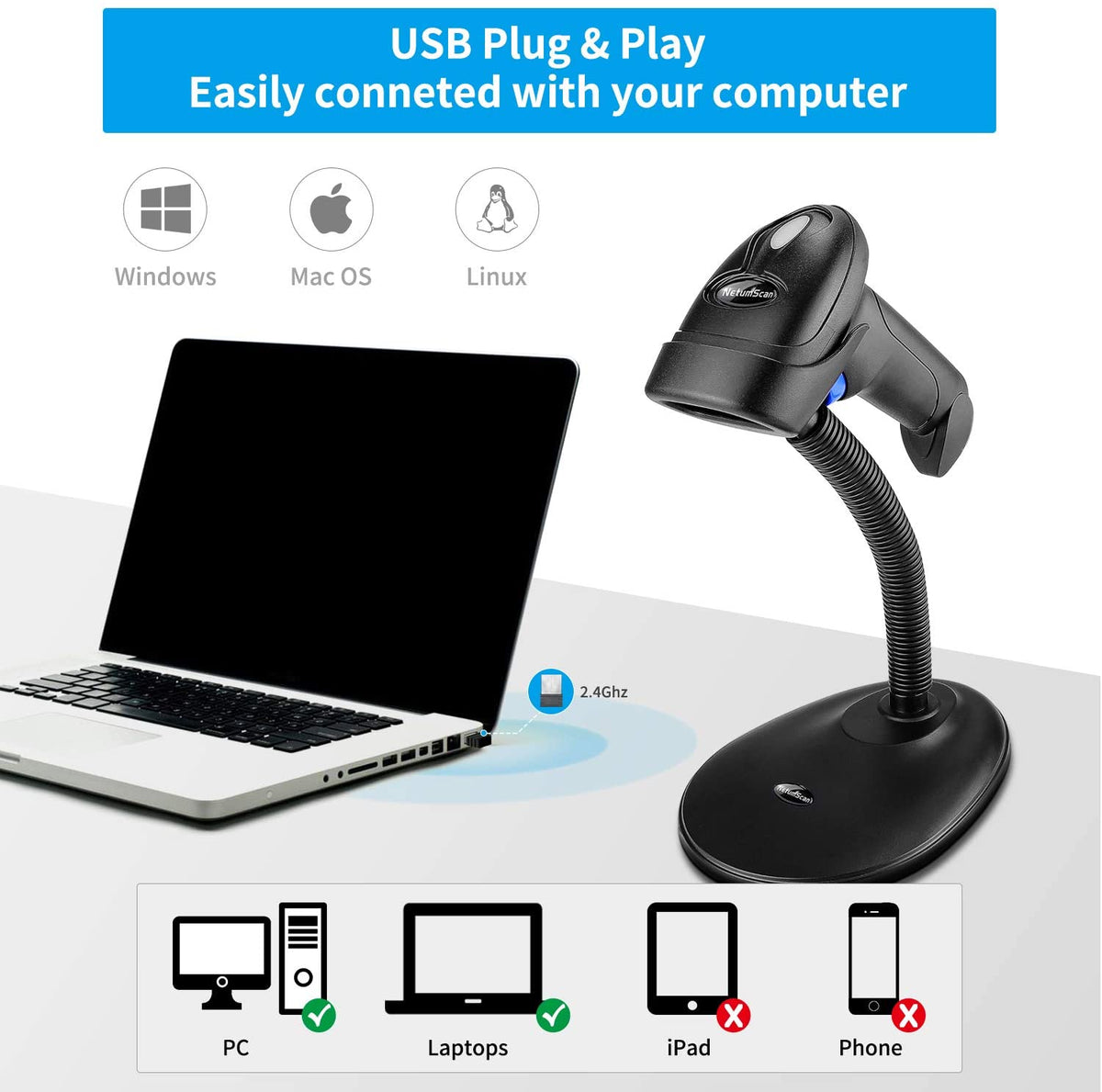NetumScan L6S Wireless 1D Barcode Scanner, Handheld Wired&2.4G Wireles ...